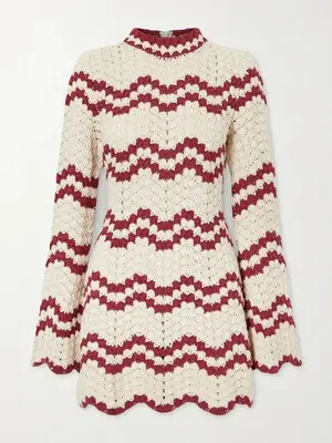Alix Of Bohemia Romy Scalloped Striped Crocheted Cotton Mini Dress - Neutrals