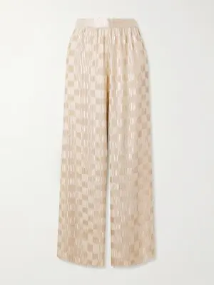 DIMA AYAD Plissé-satin Wide-leg Checkered Trousers - Neutrals