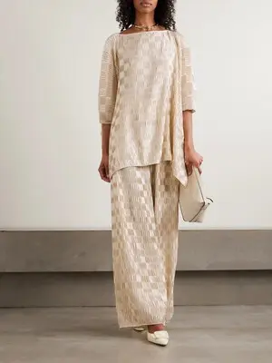 DIMA AYAD Plissé-satin Wide-leg Checkered Trousers - Neutrals