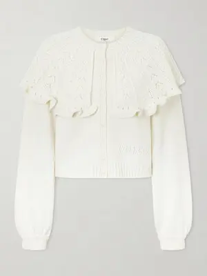 Chloé Cropped Ruffled Pointelle-knit Wool And Cashmere-blend Cardigan - Neutrals