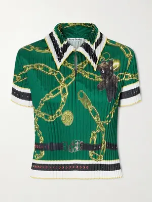 Acne Studios Pleated Printed Twill Polo Shirt - Green