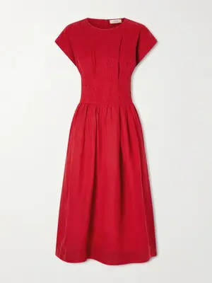 Sea Imogen Smocked Pleated Ramie Midi Dress - Red