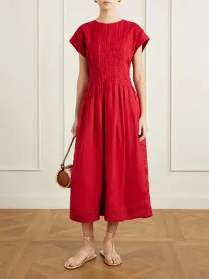 Sea Imogen Smocked Pleated Ramie Midi Dress