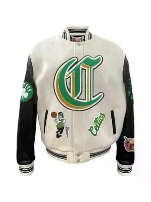 JEFF HAMILTON Boston Celtics Embroidered Leather Bomber Jacket - Neutrals