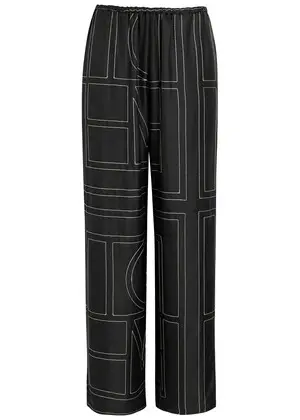 TOTEME Logo-Embroidered Silk-Satin Trousers Black