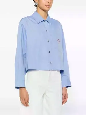 Maje Cropped Cotton Blend Shirt With Embroidered Pocket