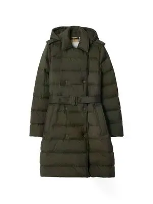 Burberry Hooded Double-breasted Puffer Coat With Belt - Green