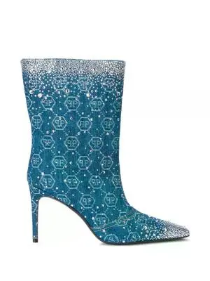 Philipp Plein Rhinestone Embellished Monogram Denim Boots