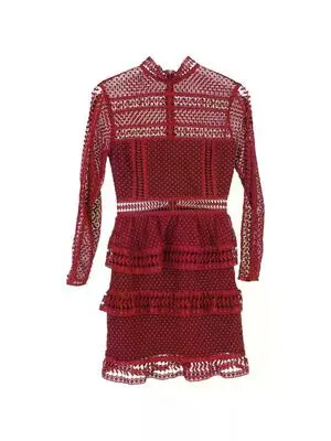 SELF-PORTRAIT Lace Long Sleeve Mini Tiered Skirt Dress - Red