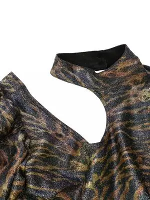 GANNI Tiger Print Lurex-knit Puff Sleeve Blouse