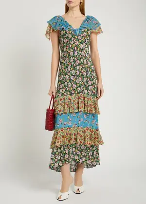 Rixo Benoite Floral Ruffled Silk Midi Dress