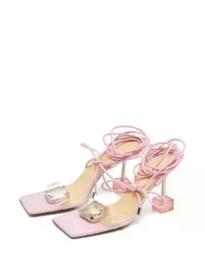Mach & Mach Leather Crystal Embellishment Square Toe Ankle-wrap Strappy Heeled Sandals
