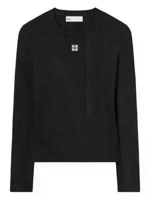 Tory Burch Logo Appliqué Ribbed Cotton Long Sleeve T-shirt