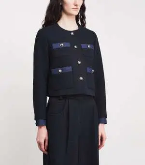 Maje Cropped Tweed Jacket With Denim Trim - Blue