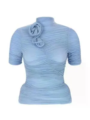 Magda Butrym High Neck Short Sleeve Silk Top With Floral Embellishment