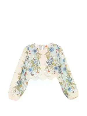 Farm Rio Green Garden Linen Blouse - Neutrals