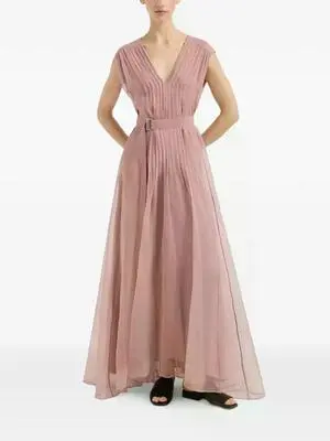 Brunello Cucinelli Belted V-neck Pleated Maxi Dress