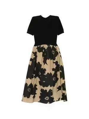 LESS Floral Print V-neck Dress With Short Sleeves - Black