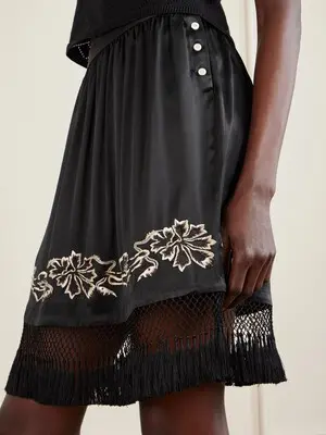 BODE Phantasm Fringed Embroidered Silk-satin Mini Skirt - Black