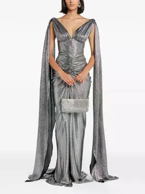 RHEA COSTA V-neck Capelet Maxi Dress With Gathered Detail And Train