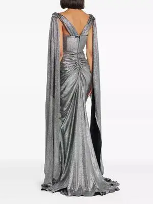 RHEA COSTA V-neck Capelet Maxi Dress With Gathered Detail And Train