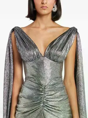 RHEA COSTA V-neck Capelet Maxi Dress With Gathered Detail And Train