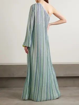 Missoni One-shoulder Striped Crochet-knit Maxi Dress With Sequins - Blue