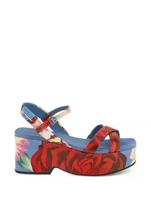 FERRAGAMO Floral Print Buckled Platform Sandals - Blue