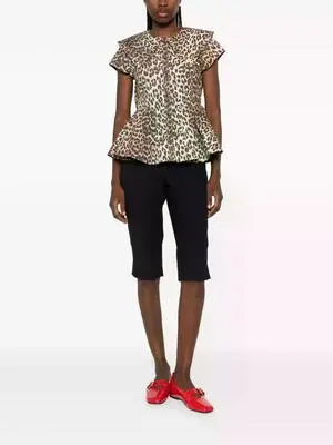 GANNI Leopard Print Ruffled Peplum Top - Brown