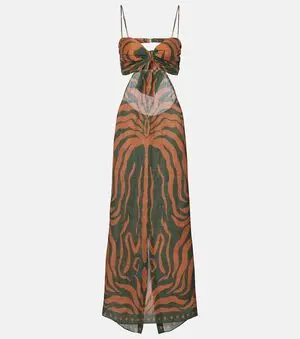 Johanna Ortiz Printed Cutout Linen Maxi Dress - Brown