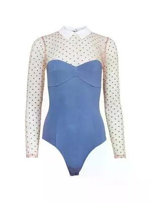 FLEUR DU MAL Collared Dotted Tulle Bodysuit - Blue