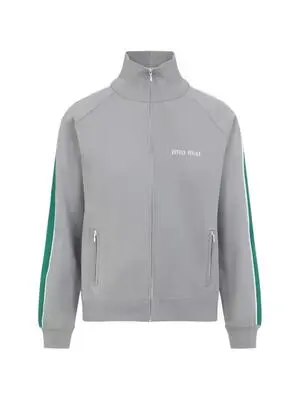 Miu Miu Funnel Neck Zip-up Sweatshirt With Striped Sleeves - Grey