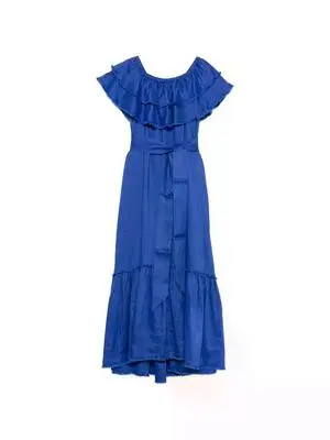 P.a.r.o.s.h Tie-belt Maxi Dress With Off-shoulder Ruffled Detail - Blue