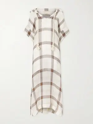 Lisa Marie Fernandez Hooded Checked Linen-blend Crepon Kaftan - Multi