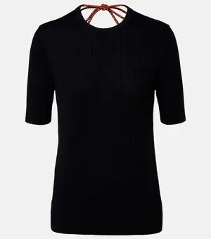 Plan C Ribbed-knit Cotton Top With Self-tie Back - Black