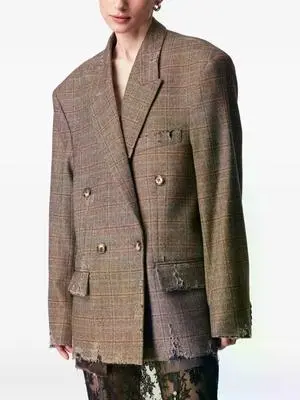 ARTICLE TEN Distressed Plaid Double-breasted Blazer - Brown