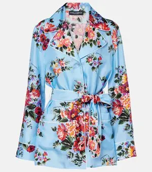 Dolce & Gabbana Floral Belted Silk Blouse - Blue