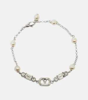 Valentino Garavani Vlogo Embellished Chain Bracelet With Faux Pearls And Crystals - Silver