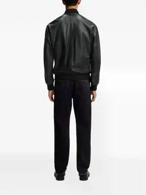 BOSS Zip-up Leather Bomber Jacket With Ribbed Details