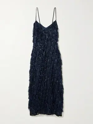 Stella McCartney Metallic Fringed Organza Midi Dress - Blue