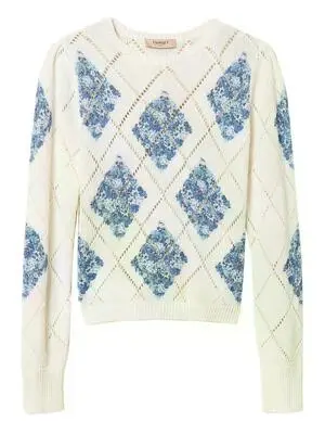 TWINSET Diamond Pattern Floral Print Cotton Sweater - White