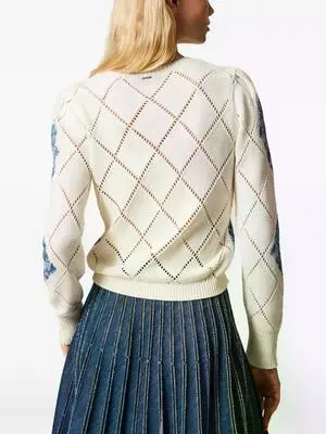 TWINSET Diamond Pattern Floral Print Cotton Sweater - White