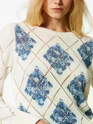 TWINSET Diamond Pattern Floral Print Cotton Sweater - White
