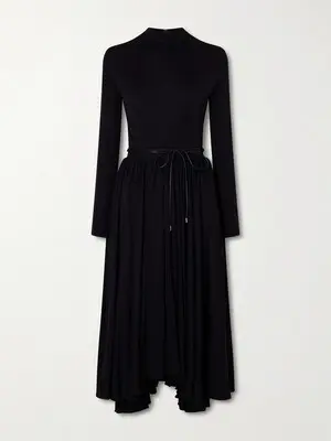Alaïa Jersey Midi Dress With Pleated Skirt And Leather Belt