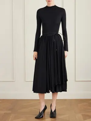 Alaïa Jersey Midi Dress With Pleated Skirt And Leather Belt