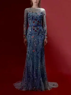 RAMI AL ALI Beaded Floral Lace Maxi Gown