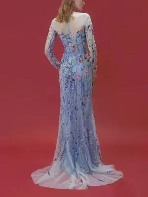 RAMI AL ALI Beaded Floral Lace Maxi Gown