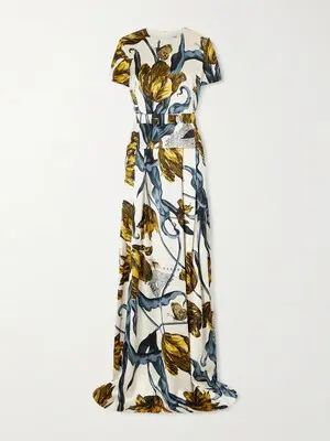 Erdem Belted Floral Print Satin Gown - Multi