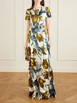 Erdem Belted Floral Print Satin Gown - Multi