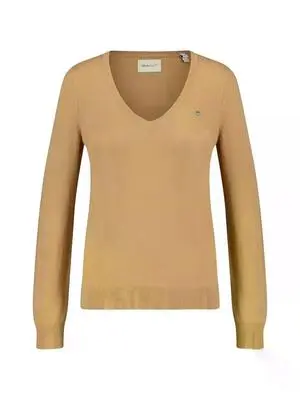 Gant Long Sleeve V-neck Top With Embroidered Logo - Neutrals